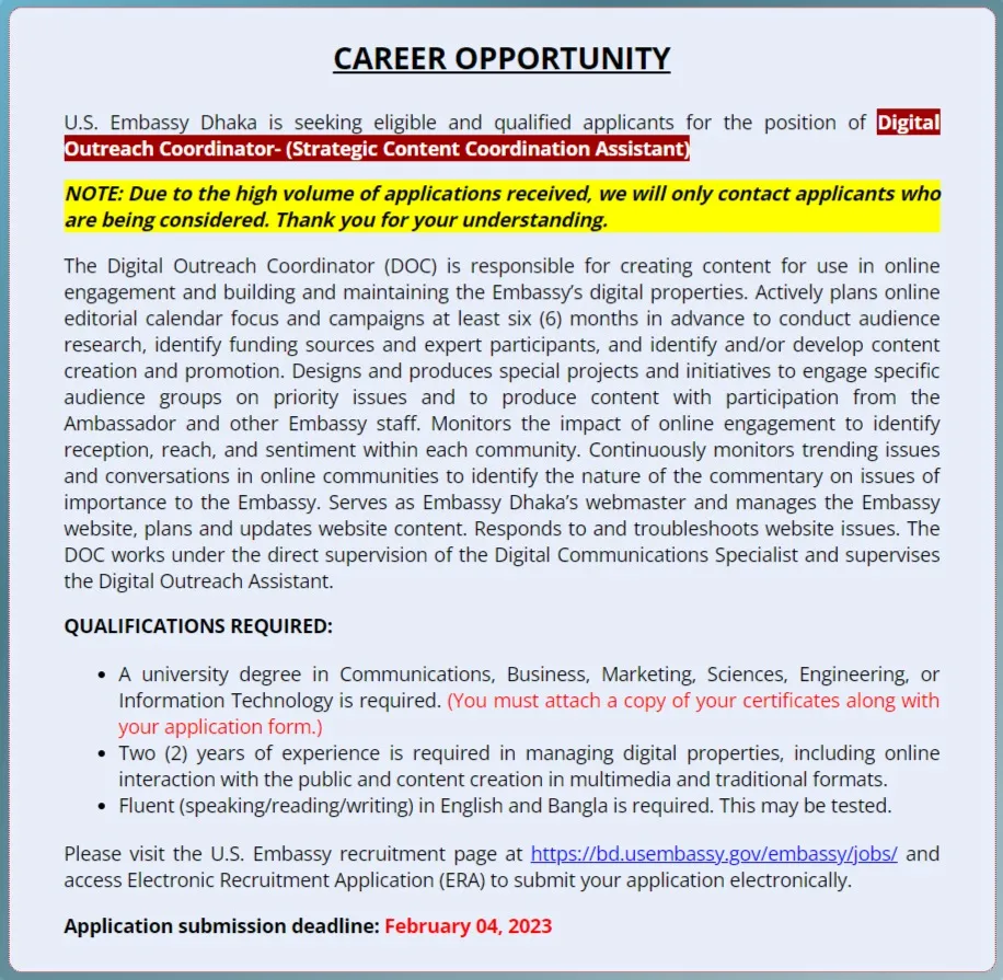 U S Embassy Dhaka Job Circular 2023 Bangladesh Post U S Embassy Dhaka Job Circular 2023 Bangladesh Post